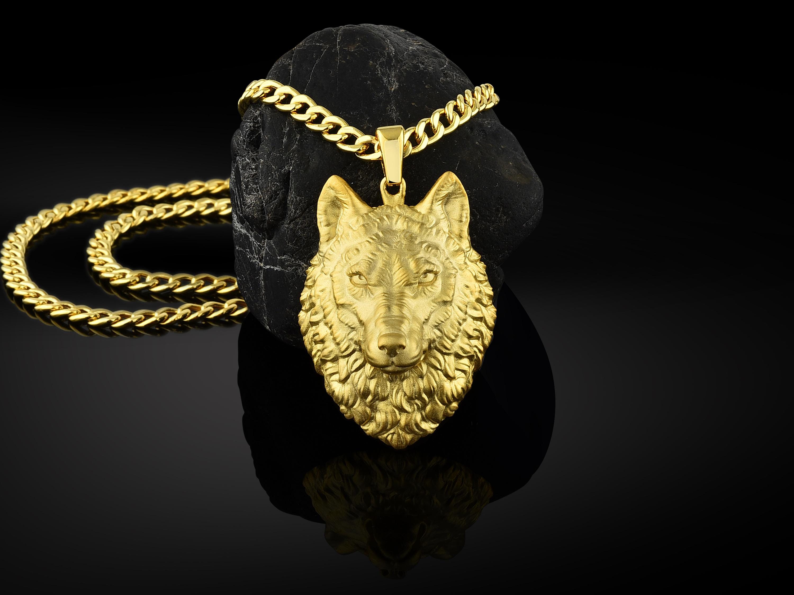 18k Gold Wolf Necklace, 14k Gold Mens Wolf Pendant With Cuban Chain ...