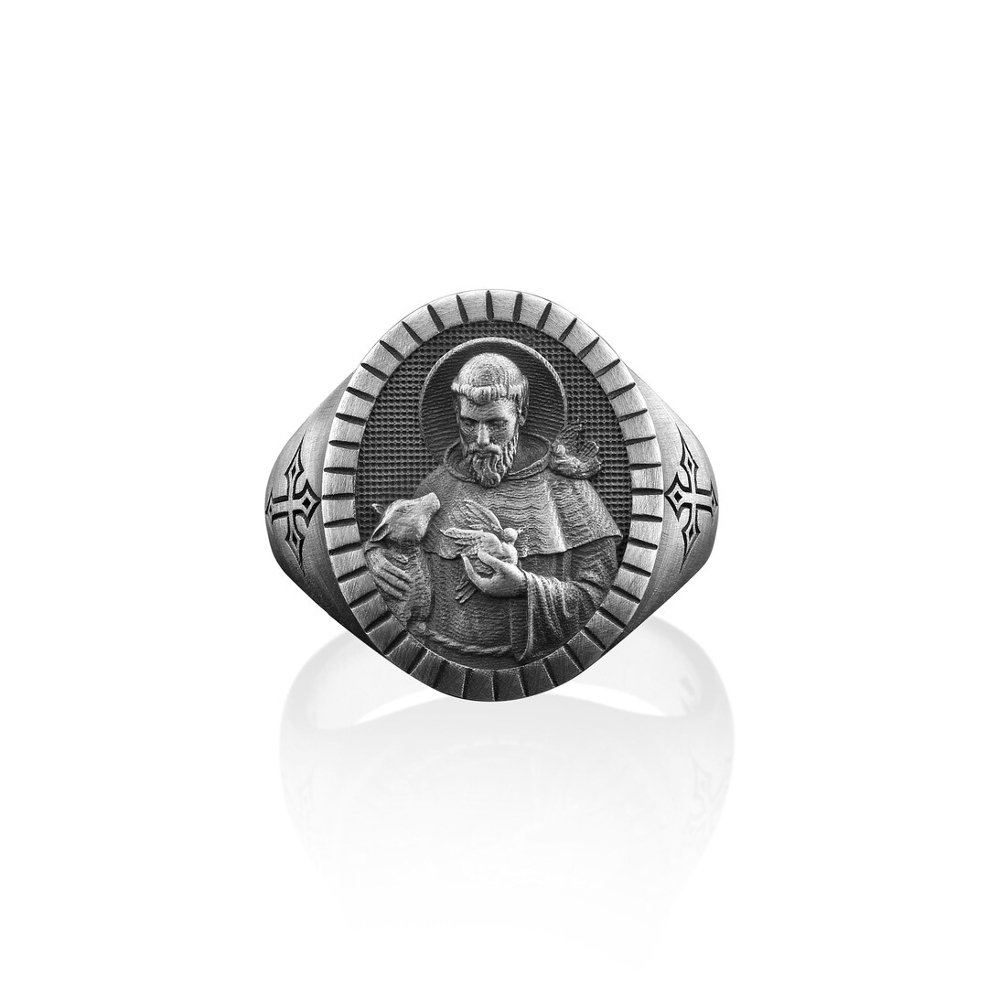 Saint Francis Oxidized Signet Ring for Men, Christian Religious ...