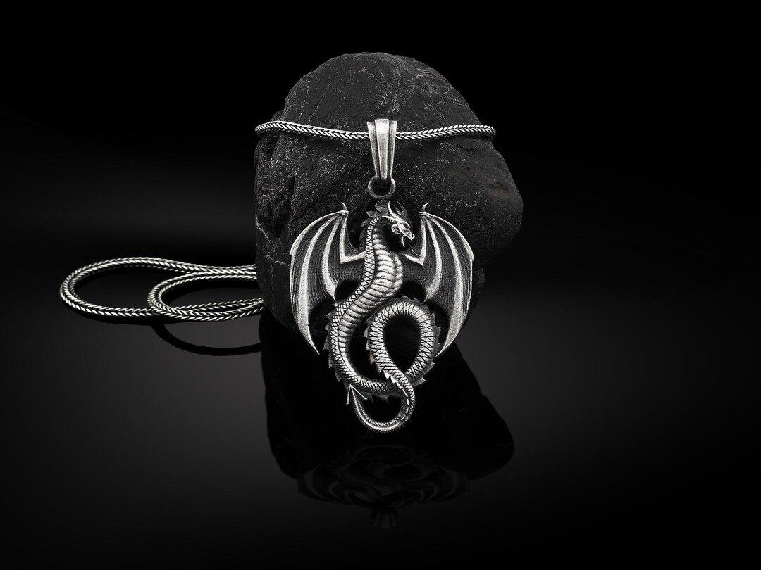Winged Dragon Silver Man Necklace, Mens Dragon Pendant With Chain ...