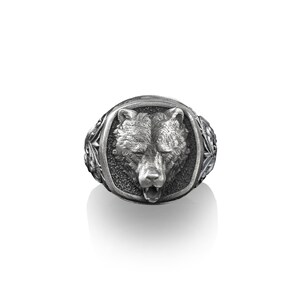 Grizzly Bear Signet Ring for Men in Sterling Silver, Viking Bear Ring ...