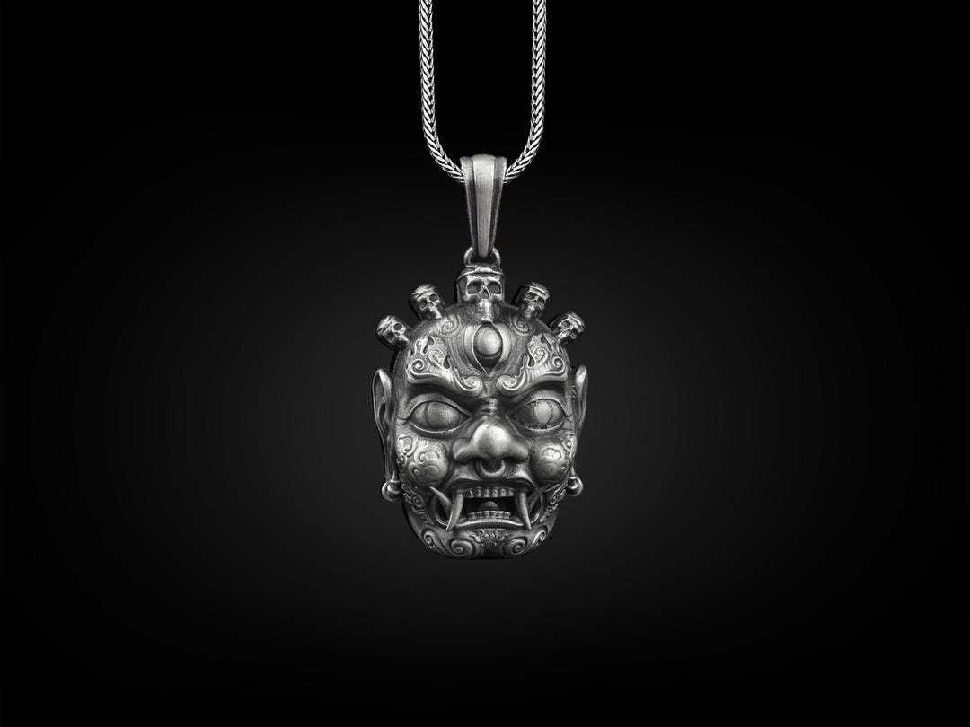 Mongolian Mask Necklace for Men in Silver, Tibetan Mask Sterling Silver ...
