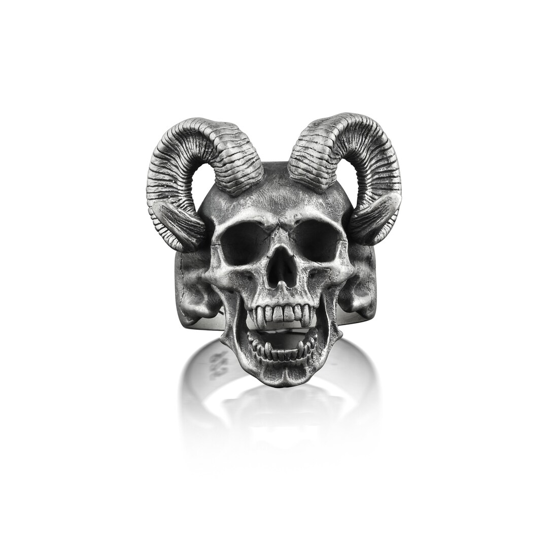 Demon Skull Ring in Sterling Silver, Ram Skull With Horns Unusual Ring ...