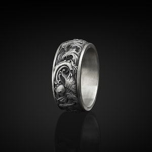 Carp and Waves Silver Men Band Ring for Men in 925 Silver, Ornament ...