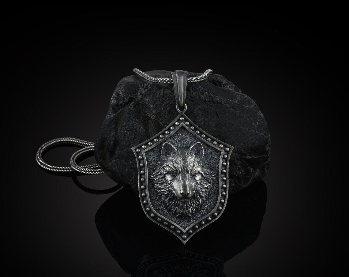 Mens Wolf Necklace Silver Wolf Head Necklace Mens Shield | Etsy