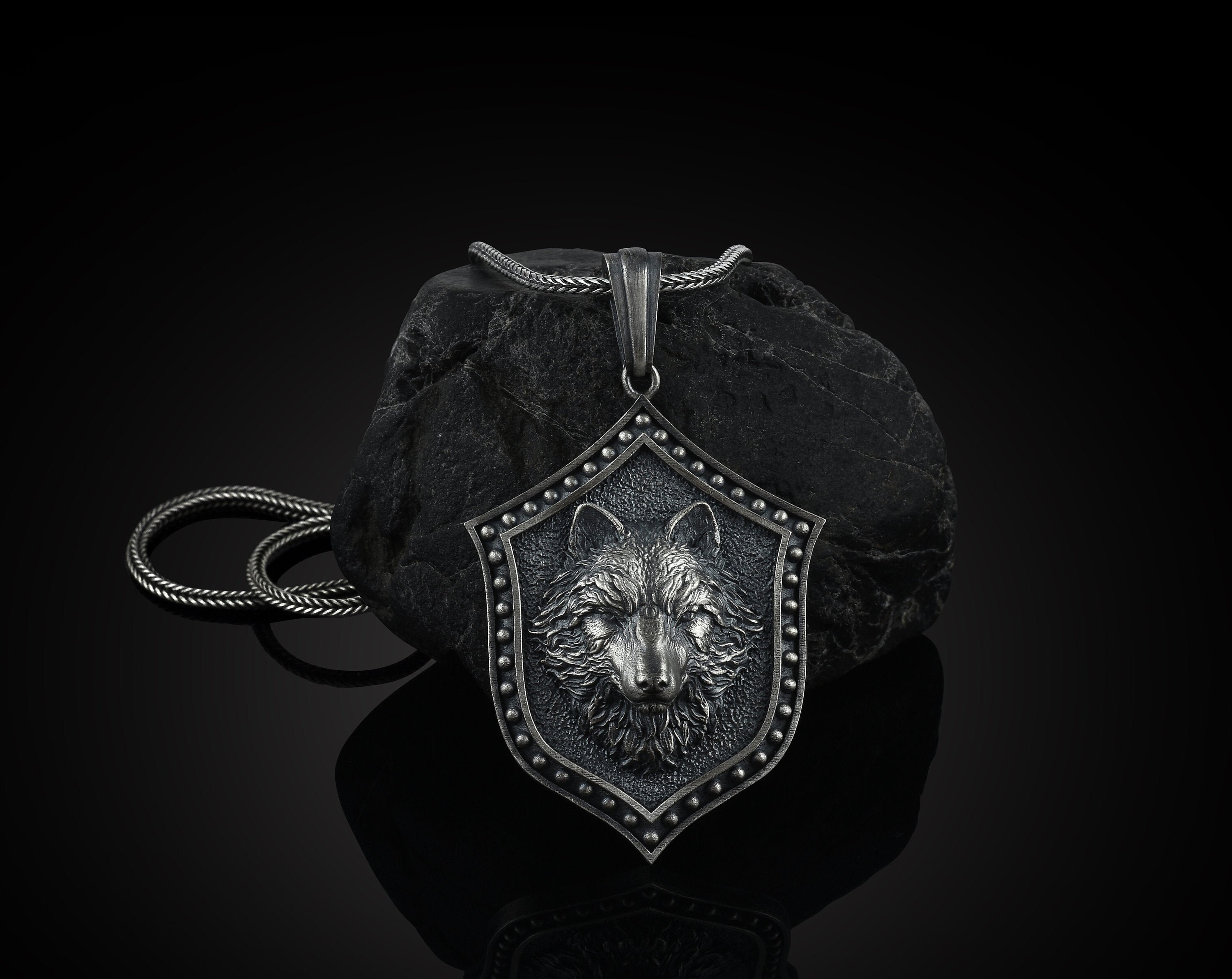 Mens Wolf Necklace Silver Wolf Head Necklace Mens Shield - Etsy