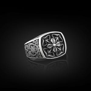 Lotus Floral Cross Mens Ring in Silver, Victorian Style Floral Pinky ...