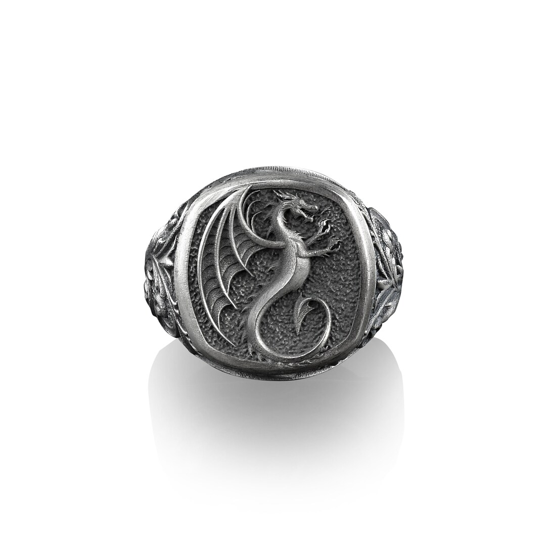 Winged Dragon, Sterling Silver Square Signet Ring, Mythical Creature ...