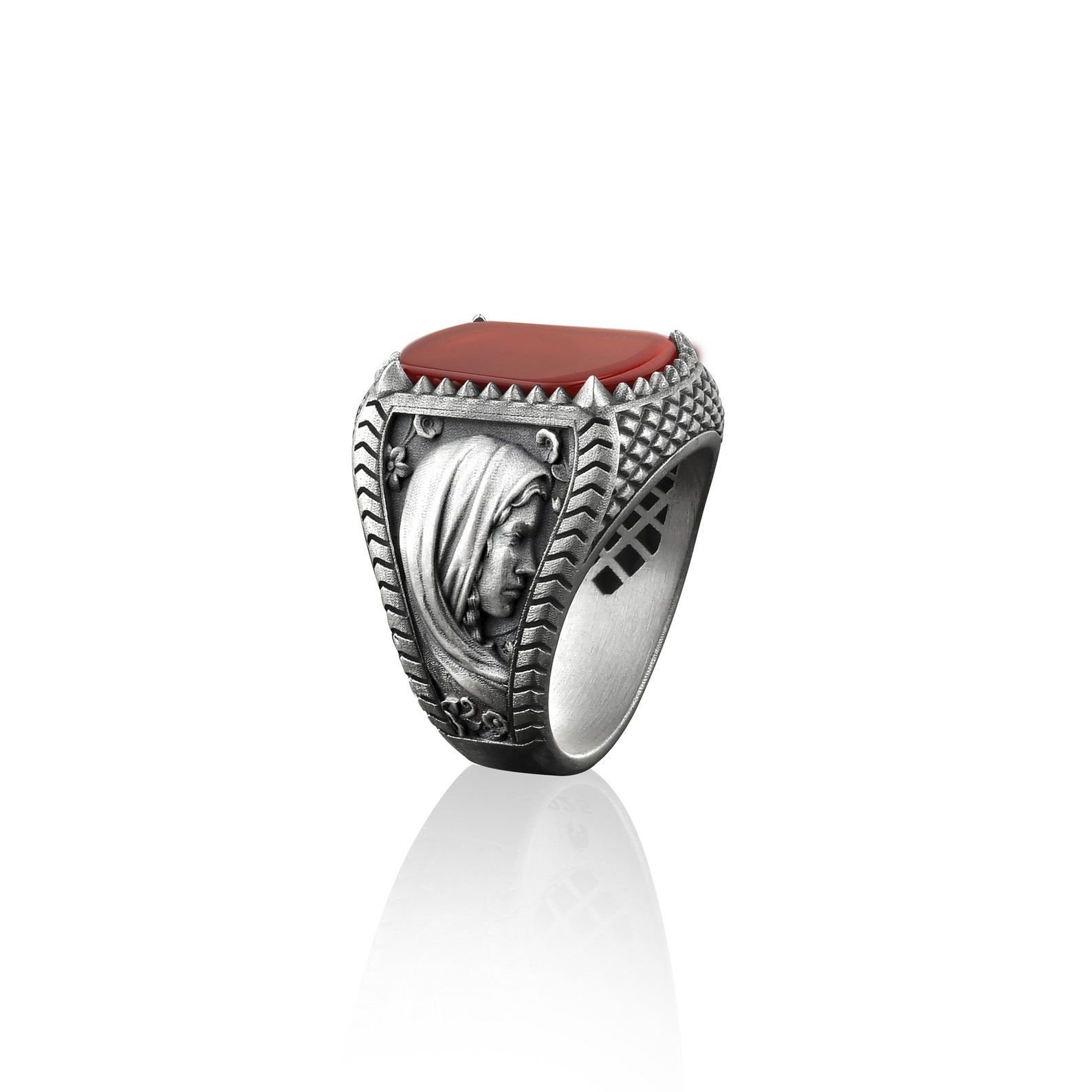 Virgin Mary in With Lilies Silver Signet Ring With Carnelian Gemstone ...
