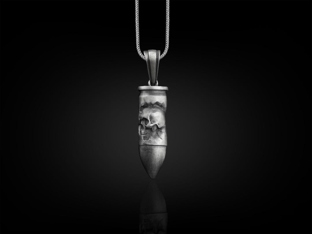 Skull on Bullet Goth Silver Necklace for Men, Unique Mens Necklace for ...