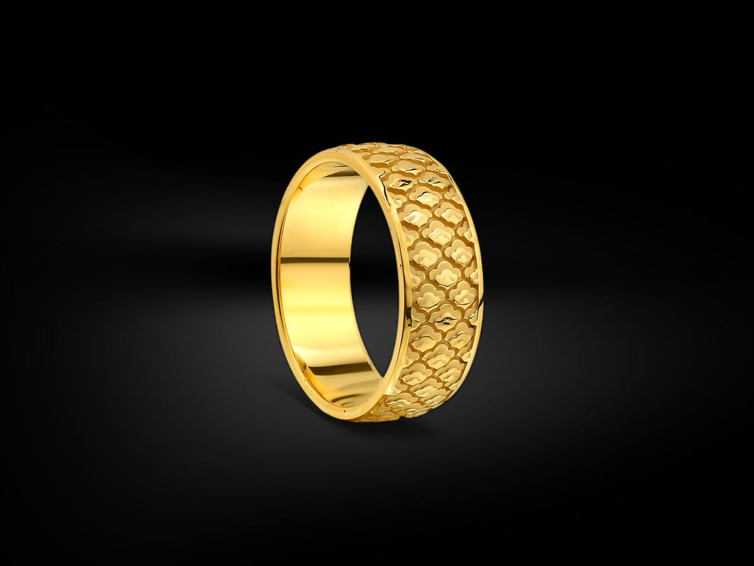 Japonese 14k Solid Gold Wedding Band Ring, Stairs of Kanagawa Band Men ...