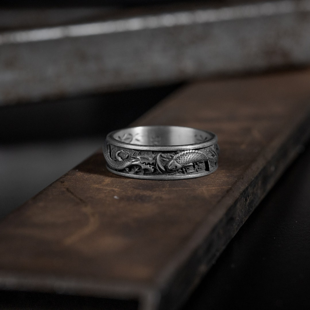 Dragon Vs Koi Carp Fish Japanes Traditional Pattern Men Ring in ...