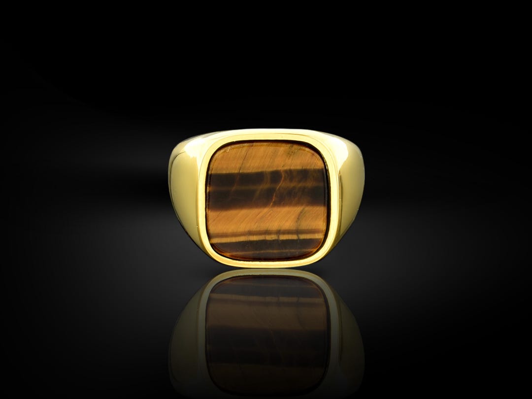 Signet 14k Solid Gold Tiger Eyes Men Ring, Brown Tiger Eye Stone Ring ...