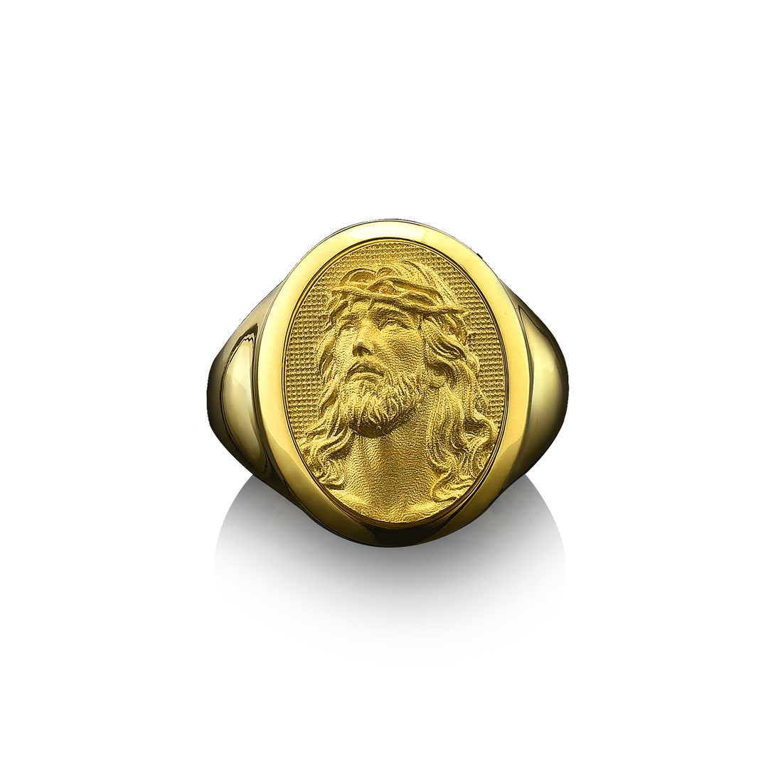 Crown of Thorns Jesus Christ Ring in 14k Gold, Jesus Head Mens Signet ...