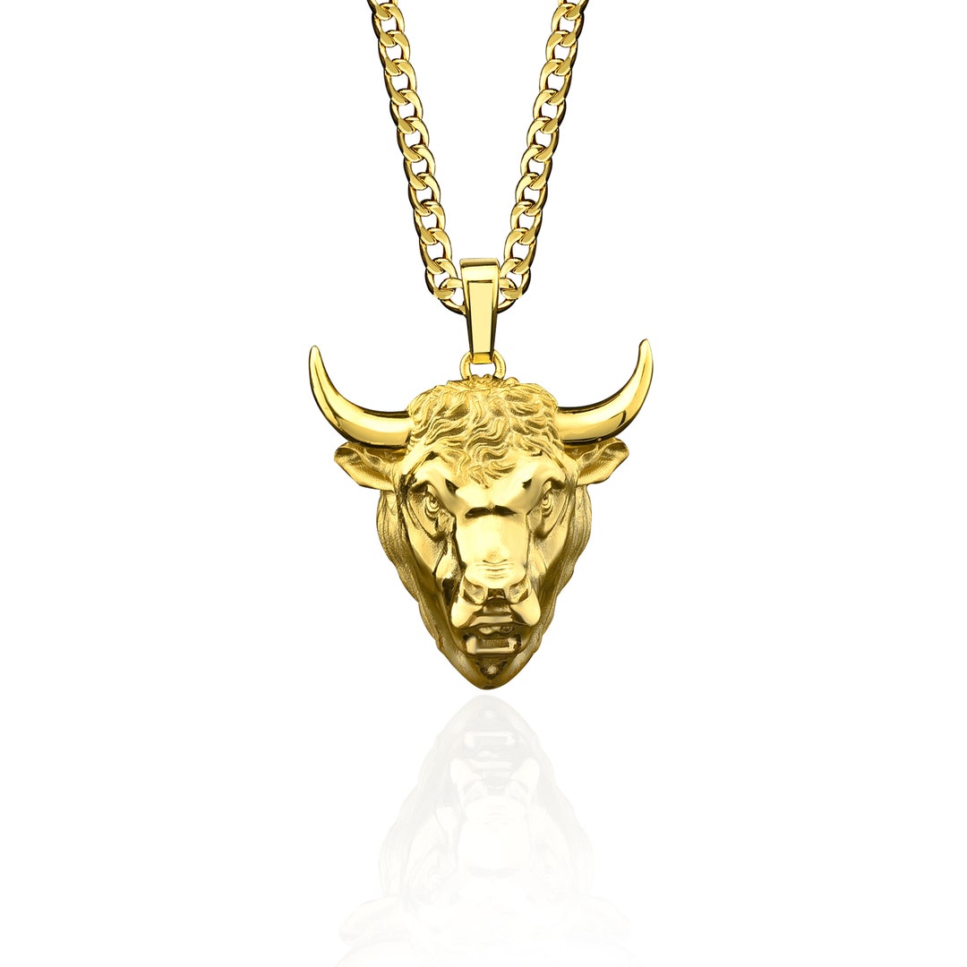 Solid Gold Bull Head Necklace, 10K Gold 3D Bull Head Unisex Pendant ...