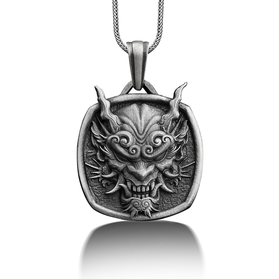Oni Mask Personalized Necklace for Men, Japanese Mythology Engraved ...