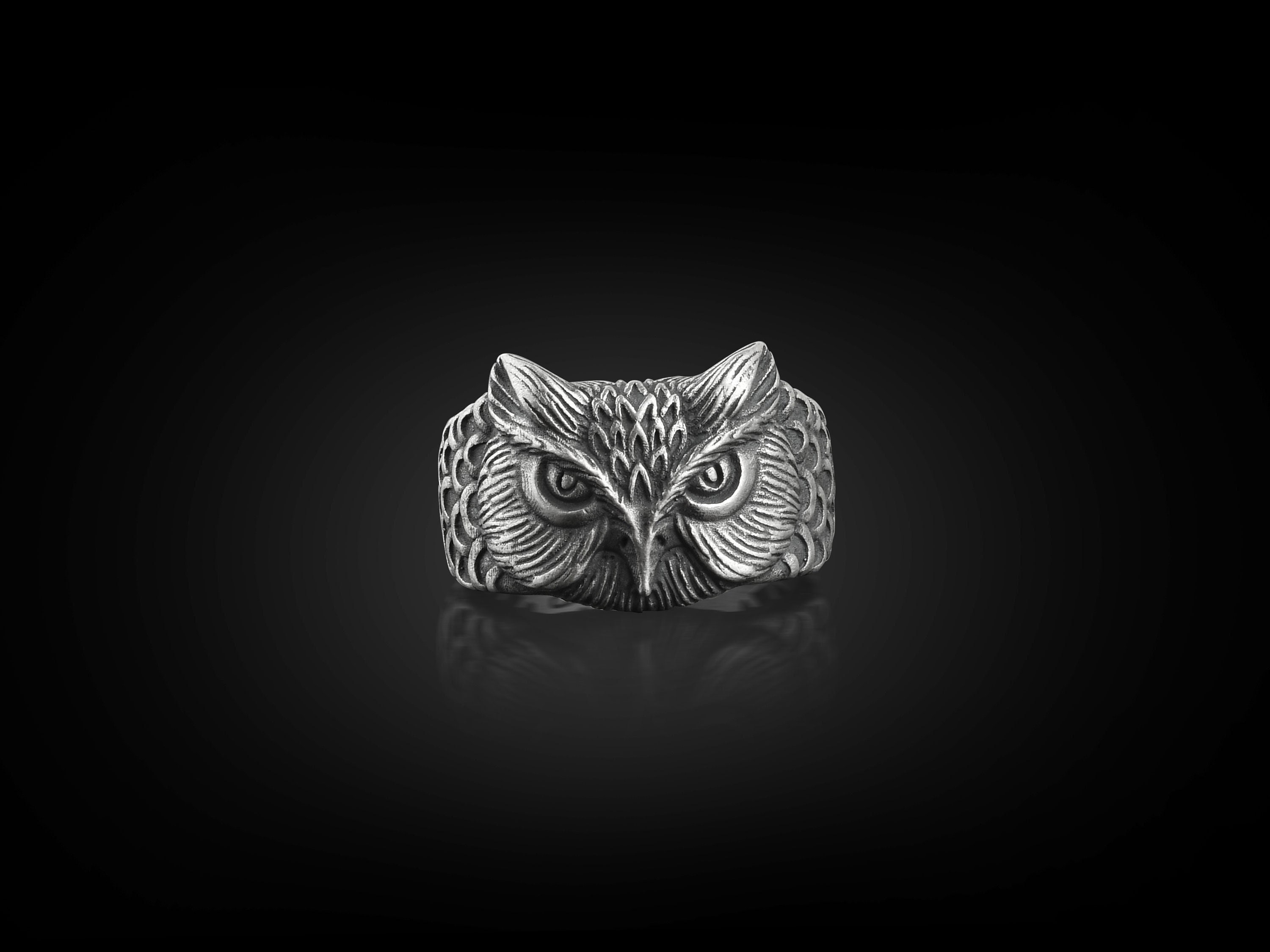 Owl Mens Ring in Oxidized Silver Cool Birds of Prey Ring for - Etsy