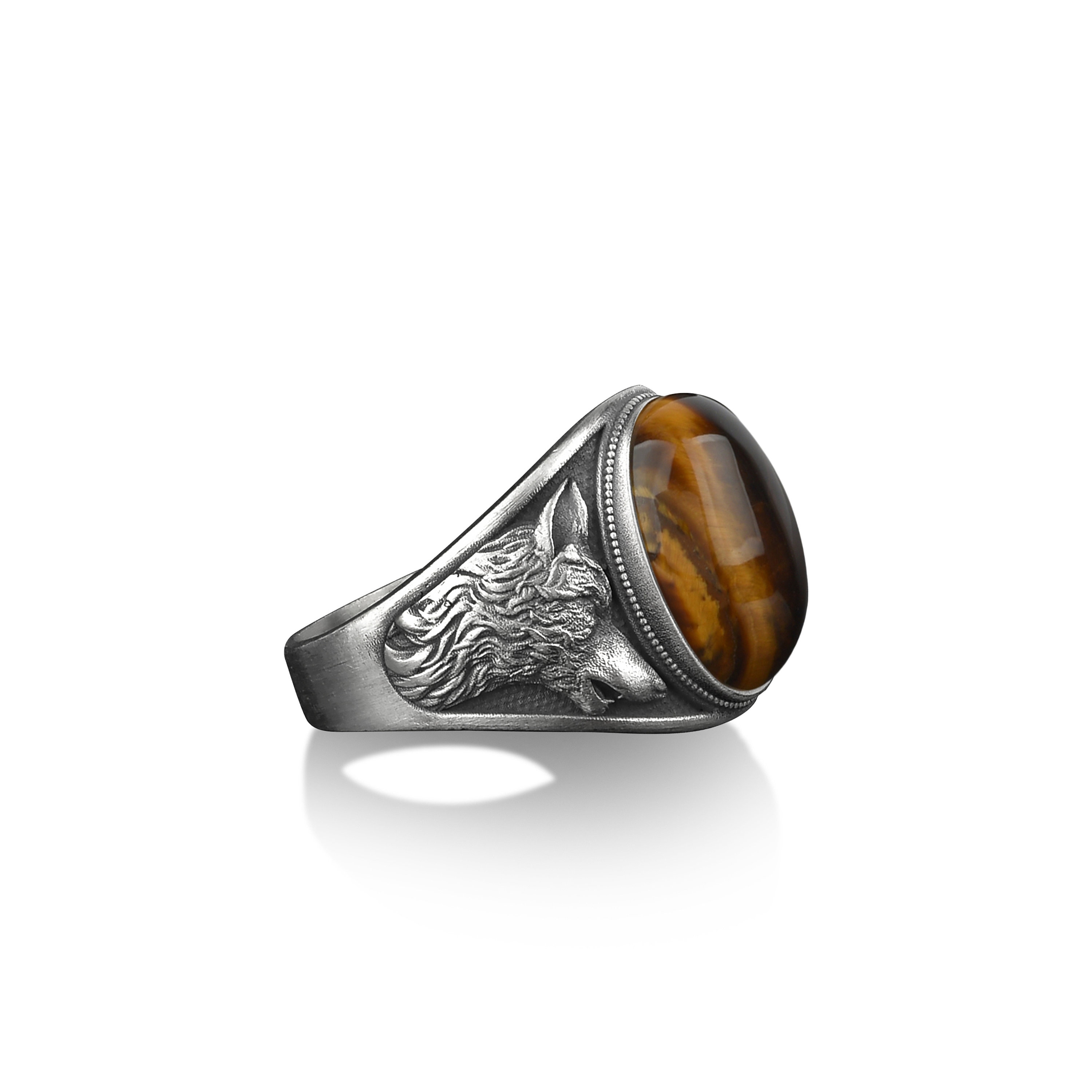 Howling Wolf Head Signet Ring in 925 Sterling Silver, Tiger's Eye Mens ...