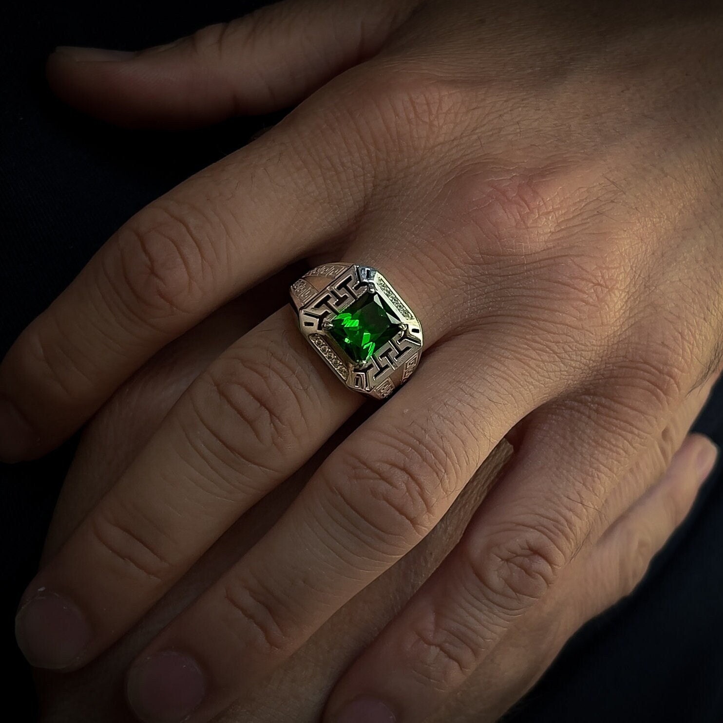 Greek Pattern With Emerald Stone Men Silver Ring, Sterling Silver Green ...