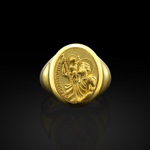 14K Gold Saint Christopher Signet Man Ring, Catholic St Christopher 10K ...