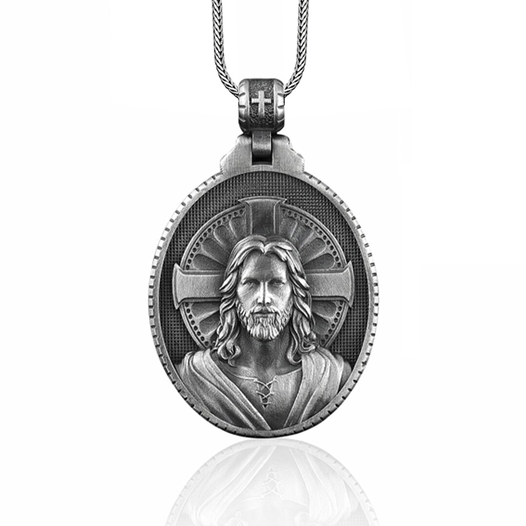 Silver Christian Jesus Mens Necklace, Christ Jesus Pendant, Religious ...