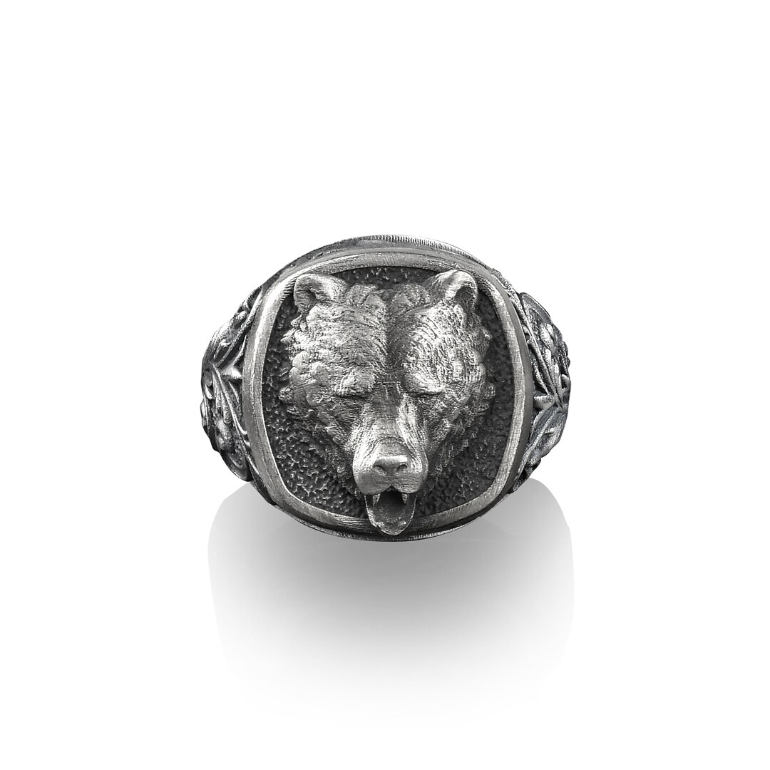 Grizzly Bear Signet Ring for Men in Sterling Silver, Viking Bear Ring ...