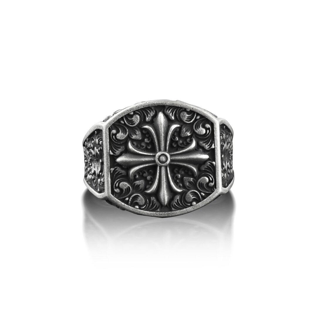 Fleur De Lis Cross Mens Signet Ring, Cross With Victorian Motifs ...