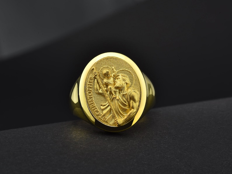 14K Gold Saint Christopher Signet Man Ring Catholic St | Etsy