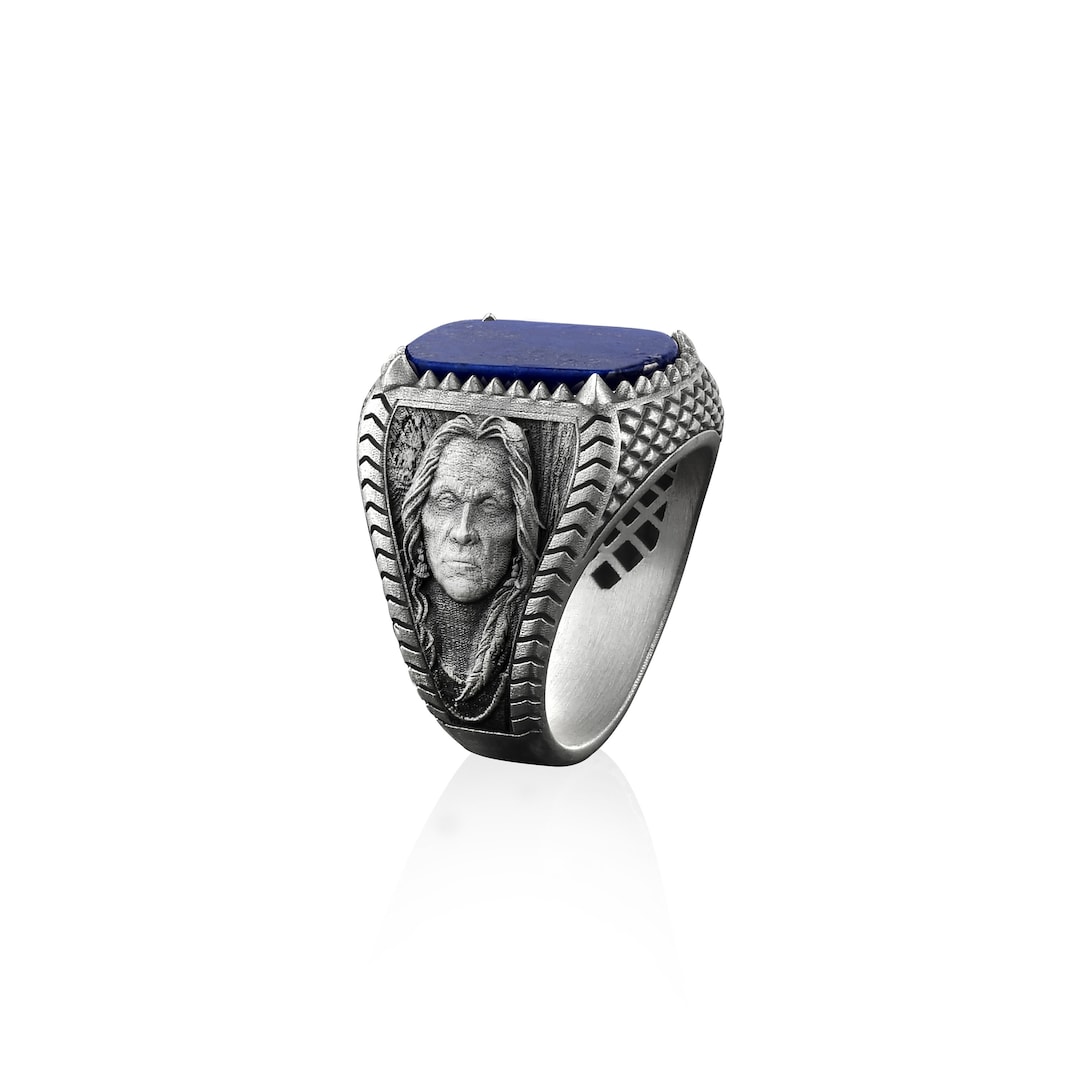 Old Native American Chief Silver Man Ring, American Indan Face Engraved ...