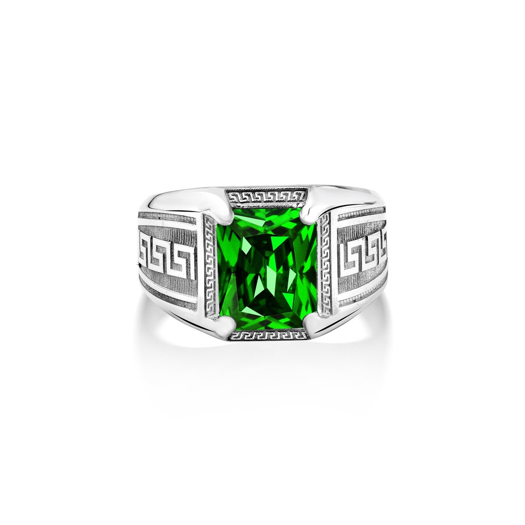 Emerald Stone Men Signet Silver Ring With Engraved Meander, Green ...