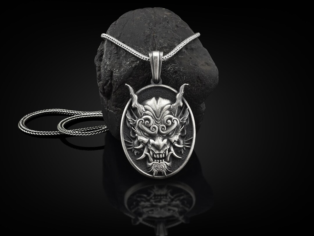 Oni Mask Handmade Sterling Silver Charm Necklace, Oni Mask Pendant ...