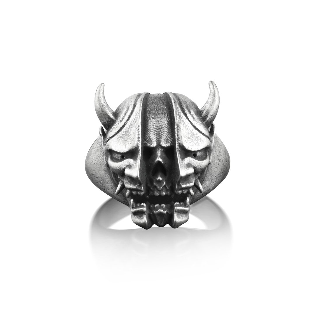 Skull Under the Oni Mask Cool Ring, Unusual Demon Mens Ring in Oxidized ...