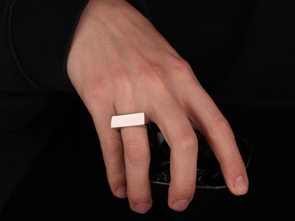 Ractangle Flat Wedding Men Band Silver Rings, Modern Silver Rectangle ...