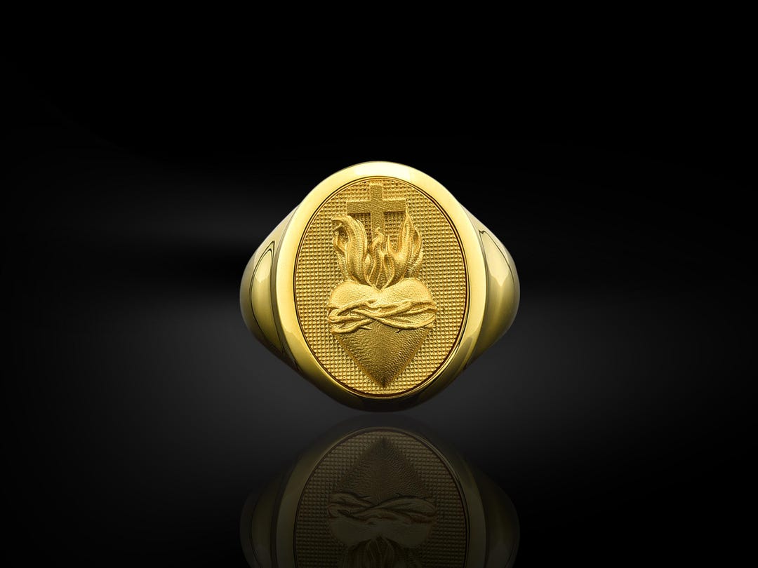 14k Gold Sacred Heart Symbol Signet Ring for Men, Religious Men Gold ...