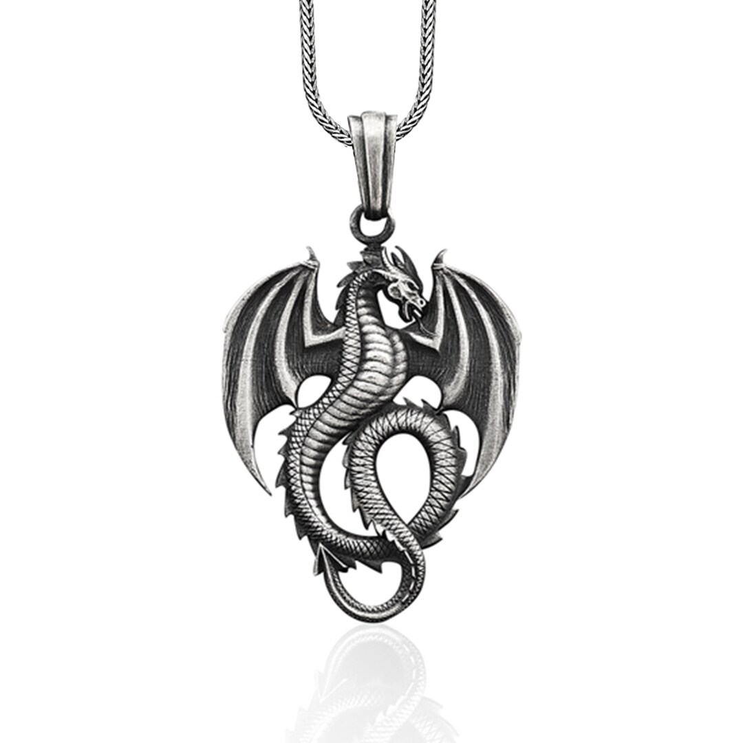 Winged Dragon Silver Man Necklace Mens Dragon Pendant With - Etsy