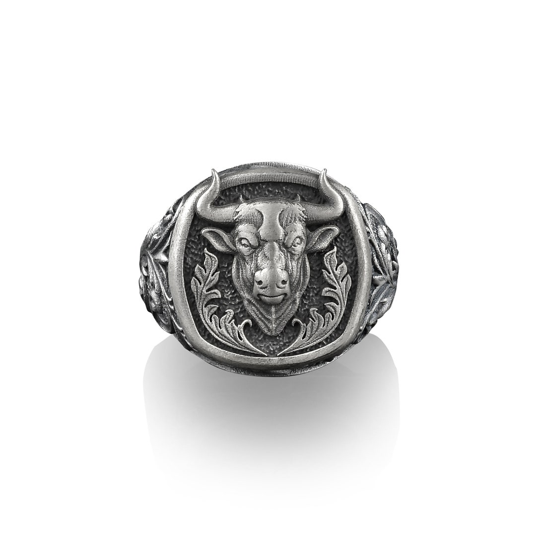 Zodiac Taurus Floral Signet Ring for Men in Sterling Silver - Etsy