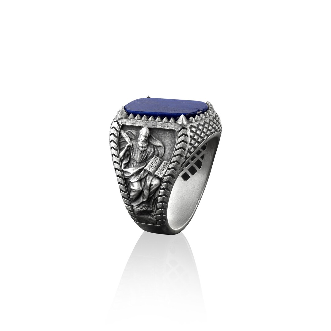 St. Mark the Evangelist Signet Ring in 925 Sterling Silver, Lapis ...