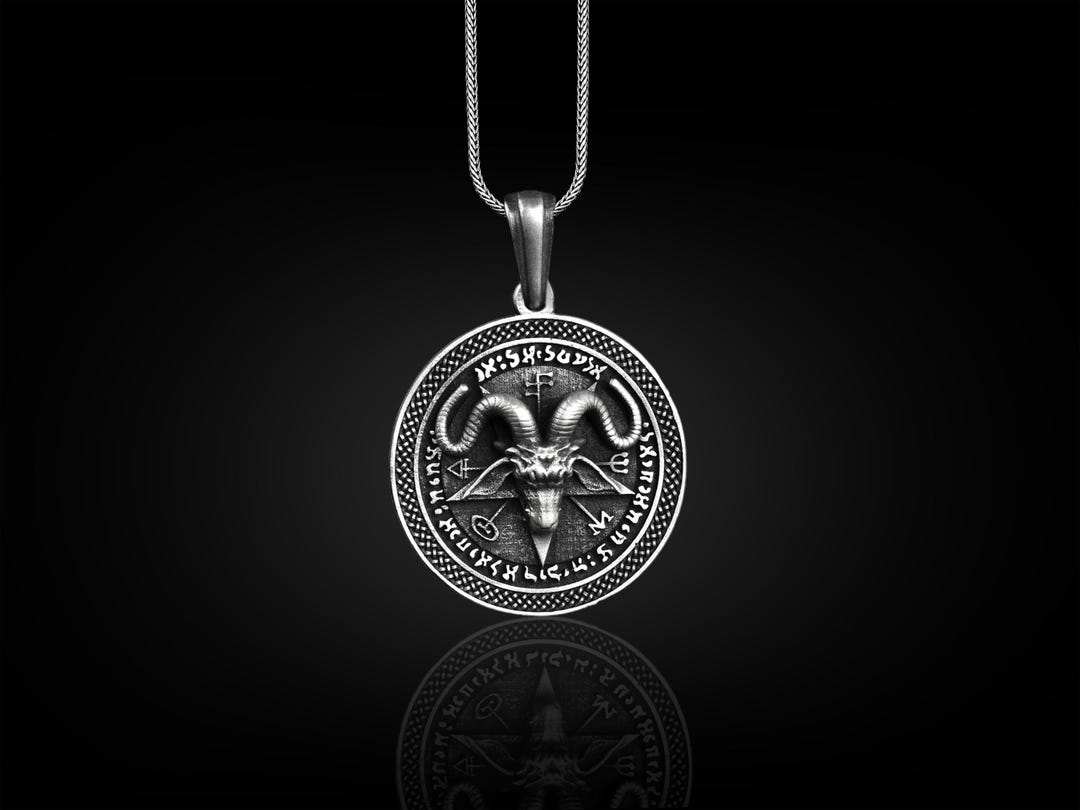 Goat Head on Pentagram Coin Necklace in Silver, Talisman Necklace for ...