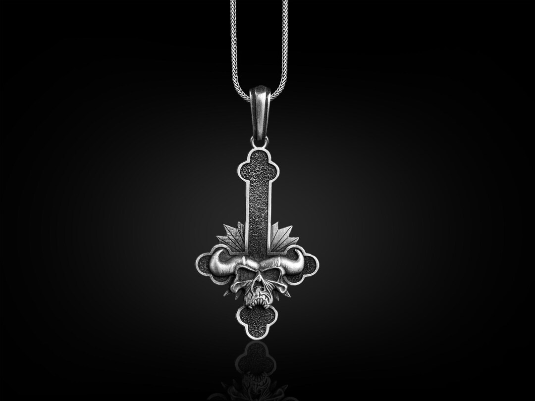 Silver Biker Gothic Cross Inverted Necklace , 925 Silver Horned Skull ...