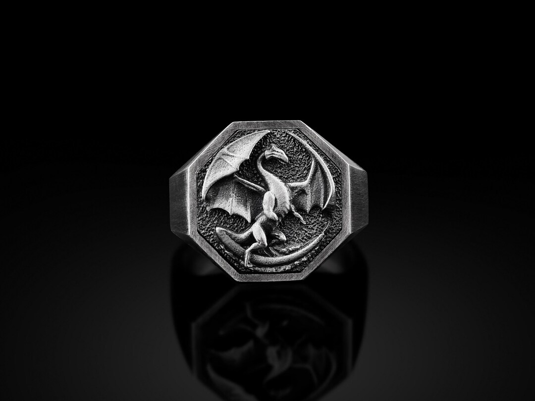 Oxidized 925 Silver Dragon Signet Mens Ring, Men Wedding Dragon Ring ...