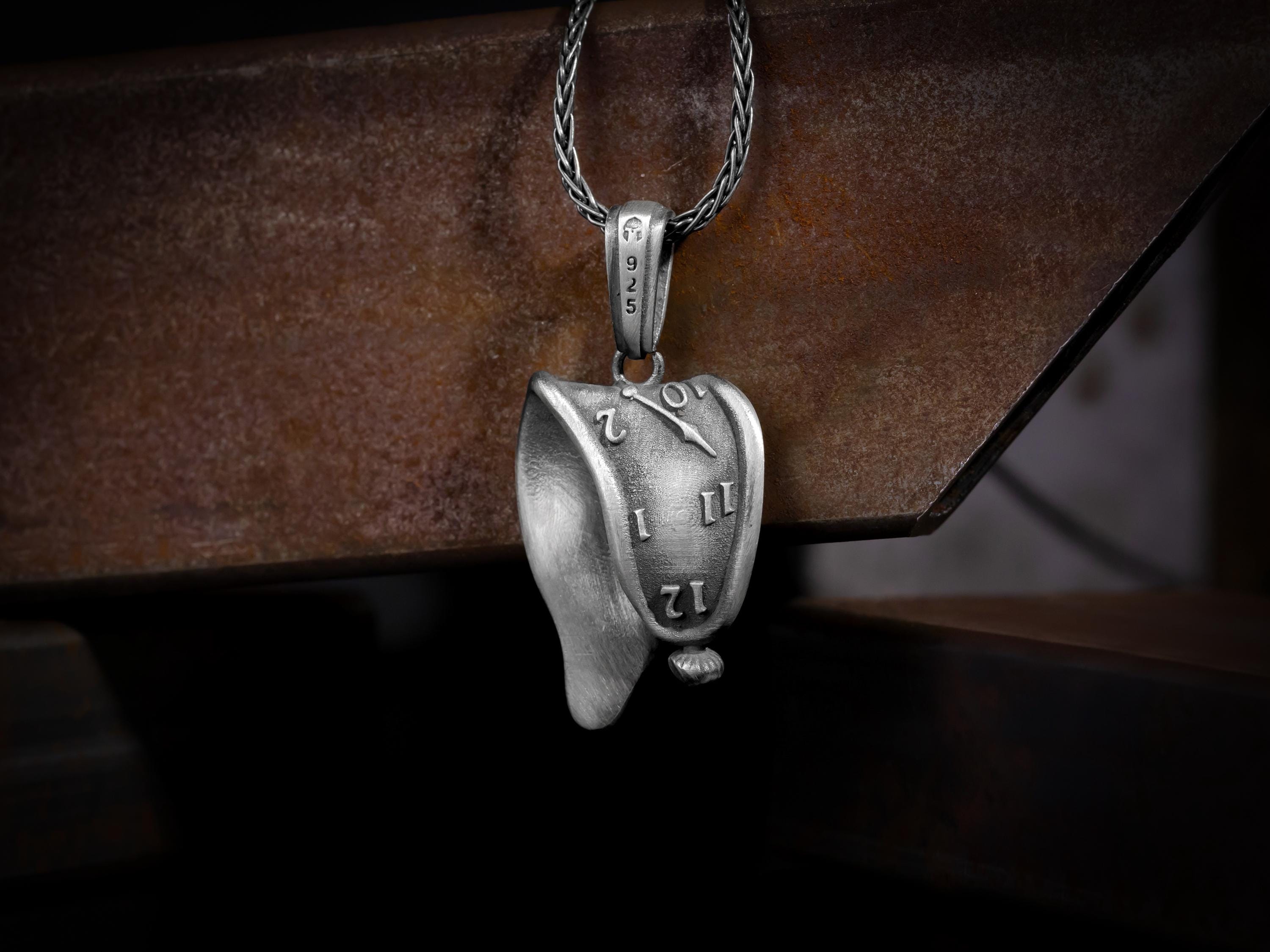 Salvador Dali Melting Clocks Silver Necklace Pendant for Men, Oxidized ...