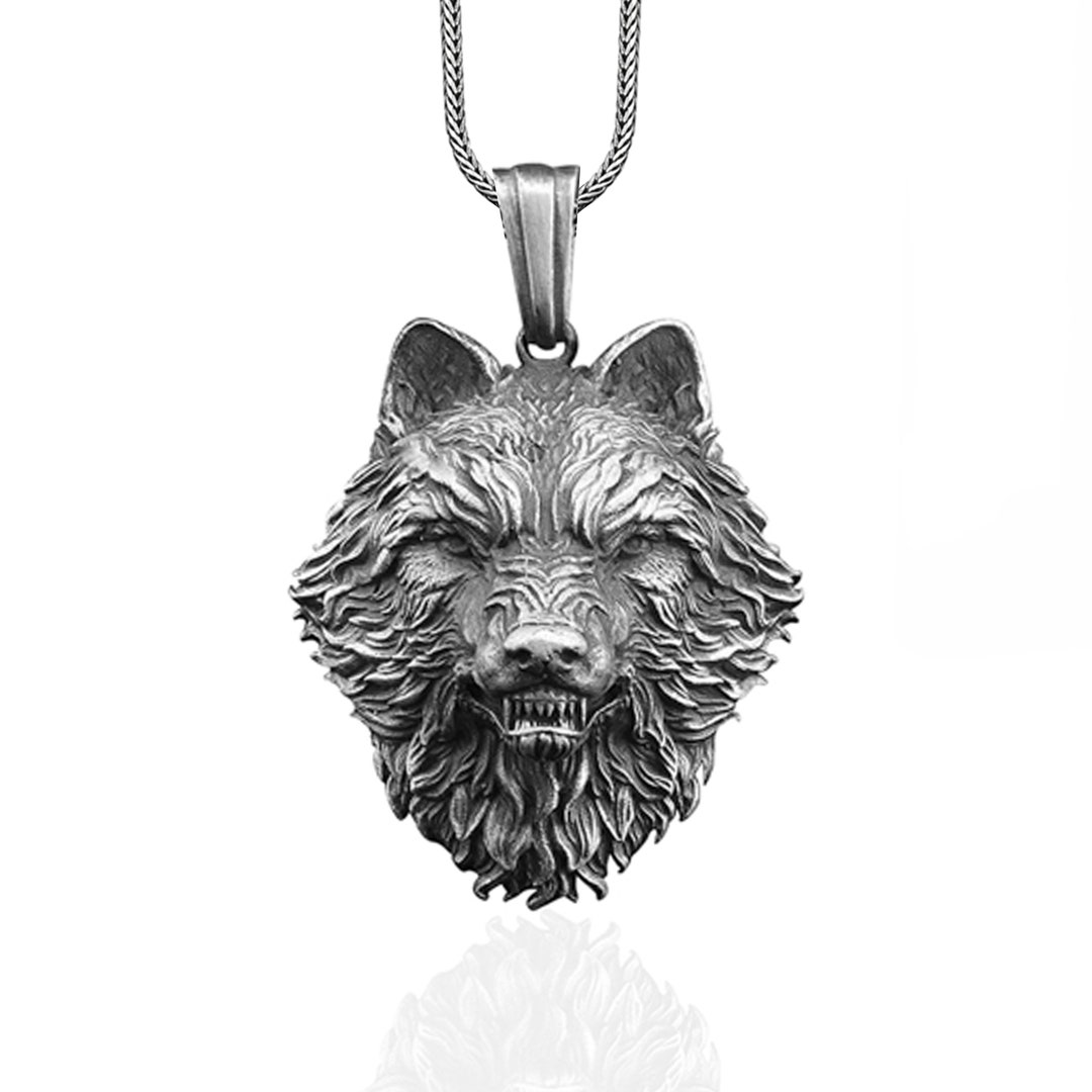 Collar de cabeza de lobo enojado para hombres en plata de ley, Colgante ...