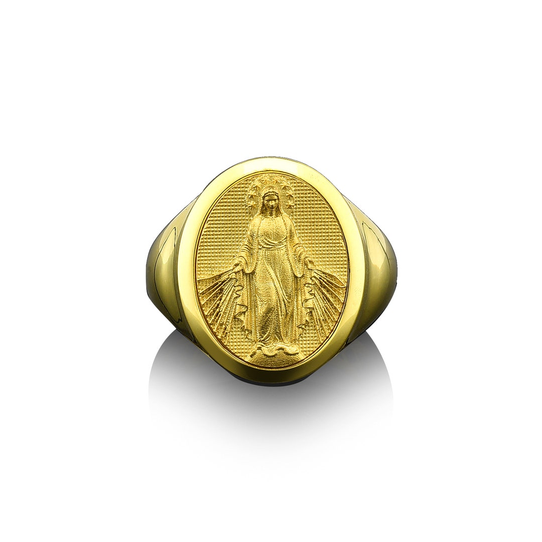 Miraculous Virgin Mary in 14k Gold Signet Ring for Men, Oval Mens ...