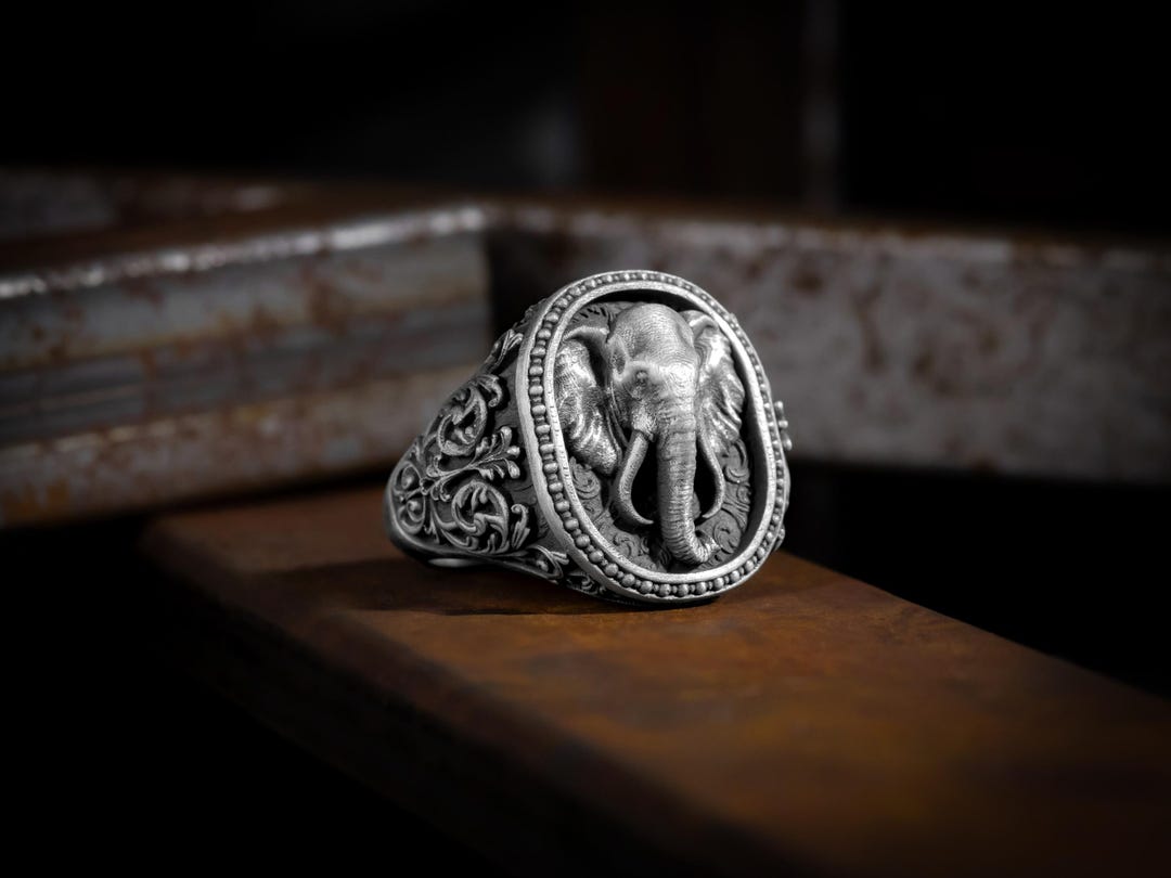 Elephant Head Antique Pattern Silver Men Ring, Elephant Luck Signet ...
