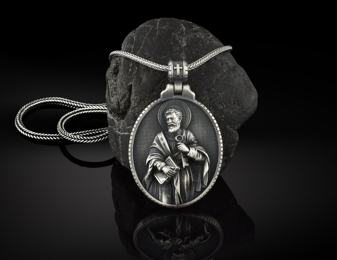 Silver Saint Peter Mens Necklace Saint Peter Oval Pendant | Etsy