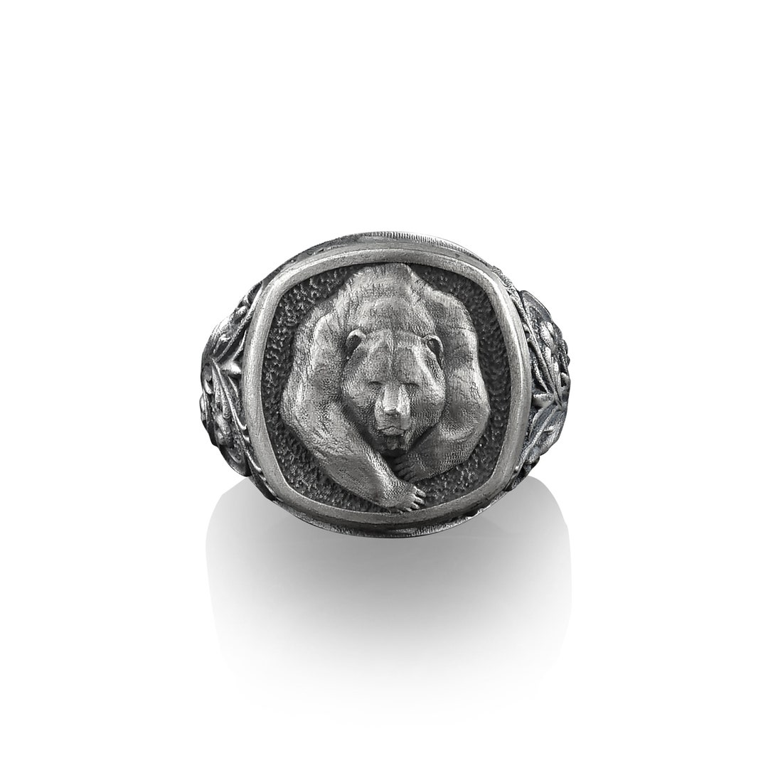 Scandinavian Grizzly Bear Square Signet Ring, Sterling Silver Signet ...
