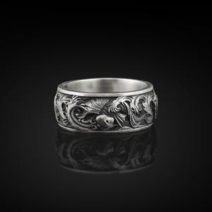 Carp and Waves Silver Men Band Ring for Men in 925 Silver, Ornament ...