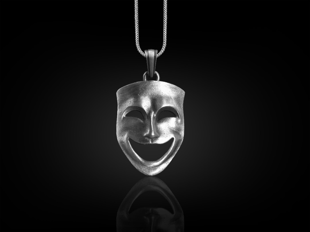 Comedy Mask Necklace, Sterling Silver Drama Mask Charm Pendant, Happy ...