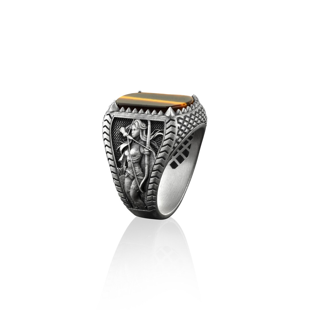 925 Sterling Silver Elf Archer Signet Men Ring, Handmade Cushion Tiger ...