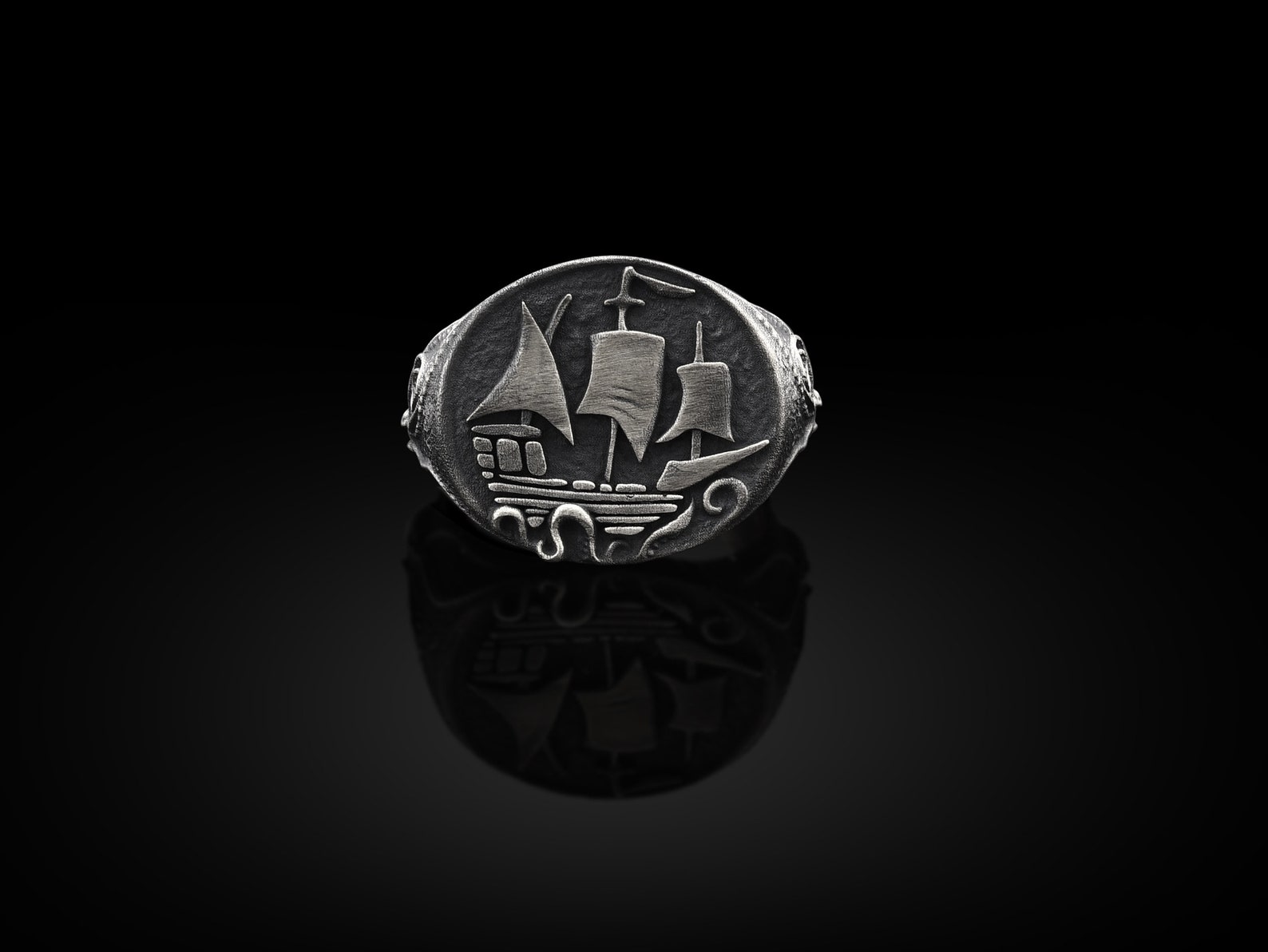 Octopus With Pirate Ship Signet Men Ring in Silver Sailor - Etsy