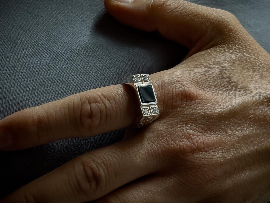 Engraved Meander on Side Flat Black Onyx Ring With Cz, Unique Sterling ...